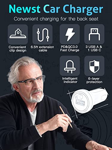 USB C Car Charger,SUMKUMY 74W Fast Car Phone Charger PD&QC3.0 with 6.5ft Cable for Back Seat Charging,4 Multi Ports Cigarette Lighter Adapter for iPhone 13/12/11,Samsung Galaxy S22/21,Google Pixel