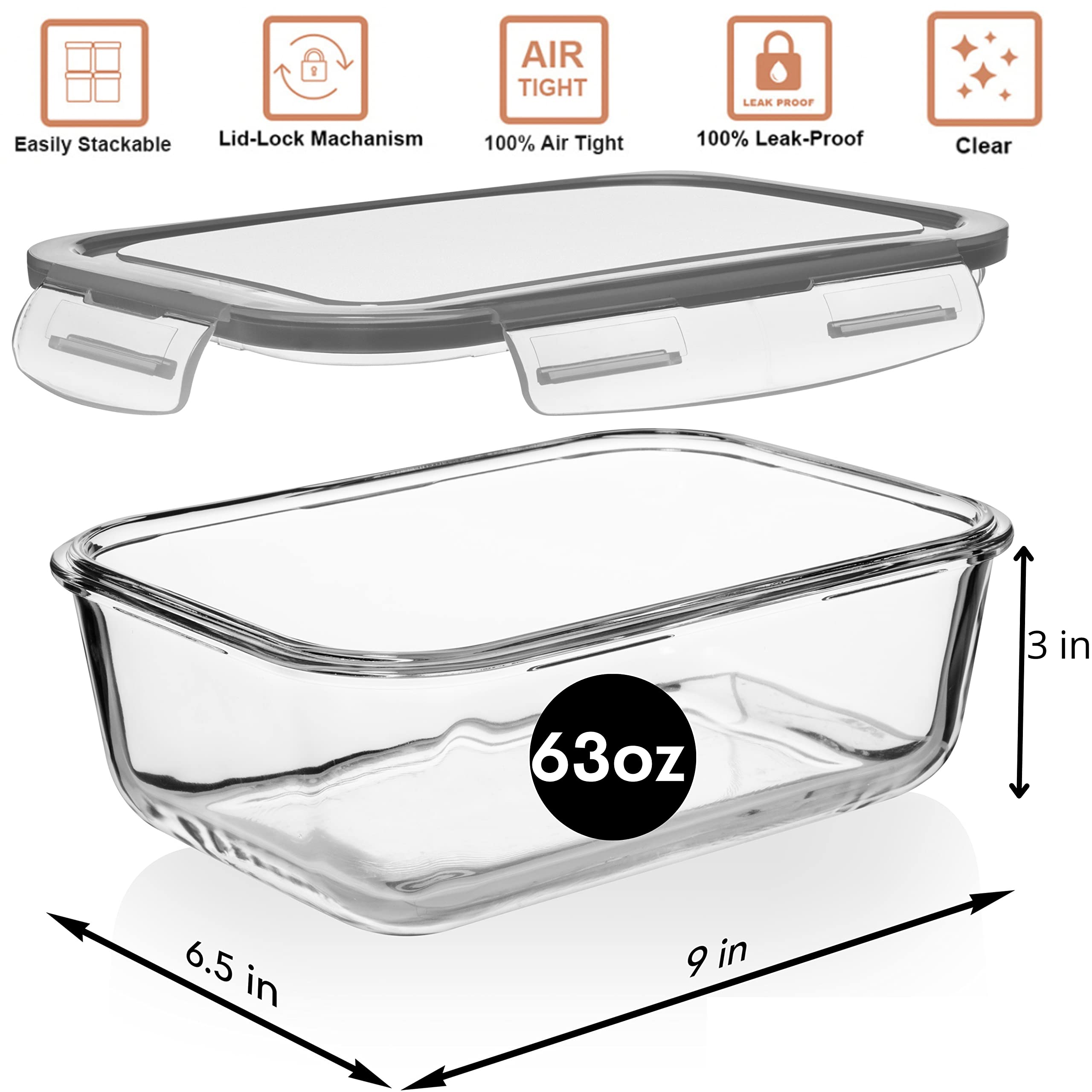 8 Cups/ 63 Oz 4 Piece (2 containers + 2 Lids) Large Glass Food Storage/ Baking Containers with Locking Lids . Ideal for Storing food, vegetables or fruits. BPA Free & Leak Proof - Microwave, Oven Safe