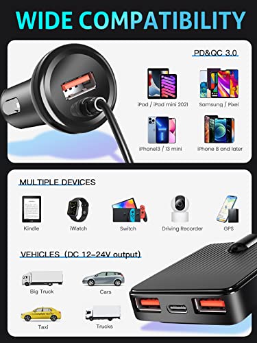 USB C Car Charger,SUMKUMY 74W Fast Car Phone Charger PD&QC3.0 with 6.5ft Cable for Back Seat Charging,4 Multi Ports Cigarette Lighter Adapter for iPhone 13/12/11,Samsung Galaxy S22/21,Google Pixel