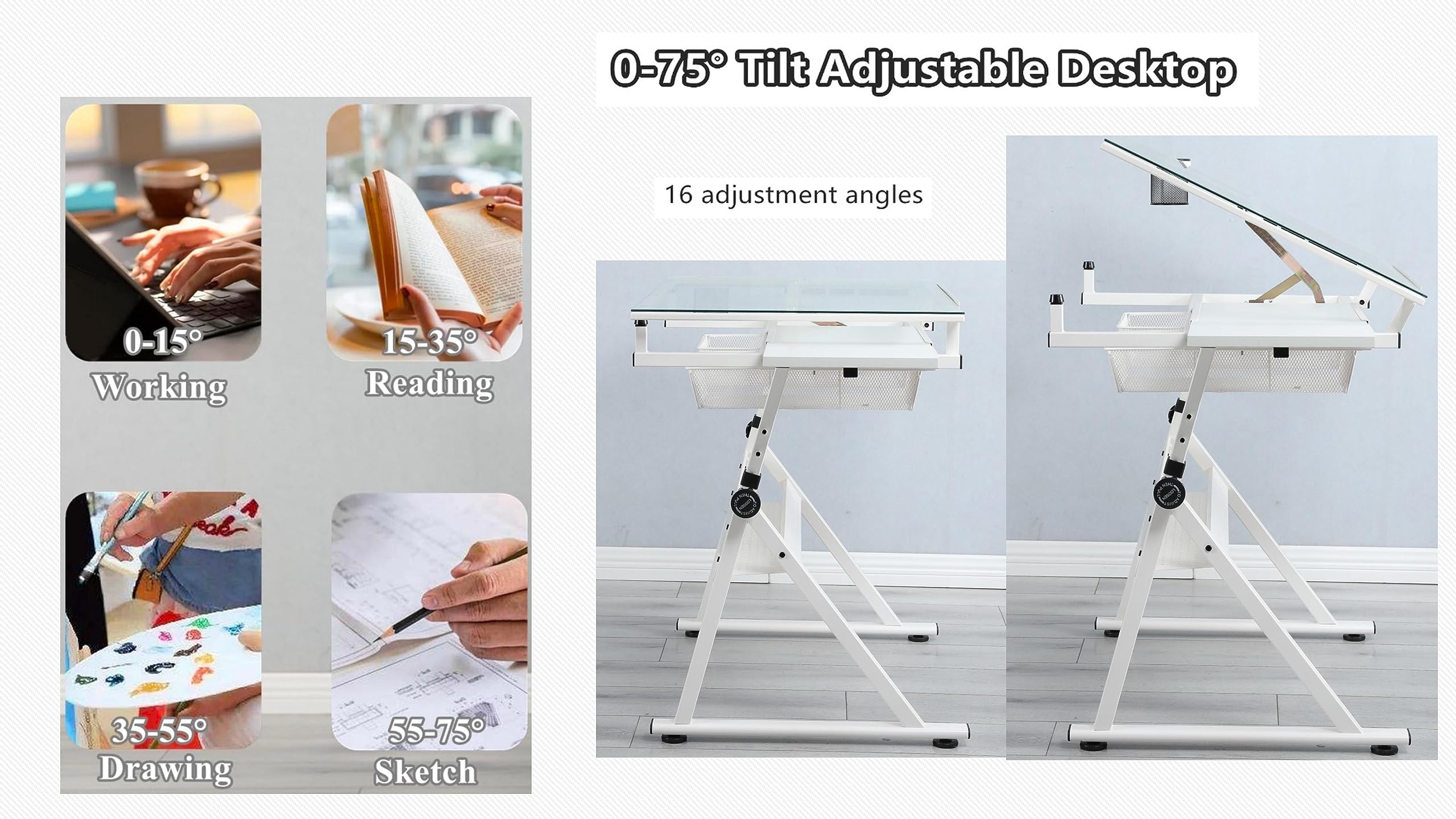 Landpink Glass Drafting Table Art Desk – Adjustable Professhional Artwork Drawing Drafting Table Desk, Glass-Topped Art Table for Craft Station Studio Home Office School w/Drawers/Chair (White)