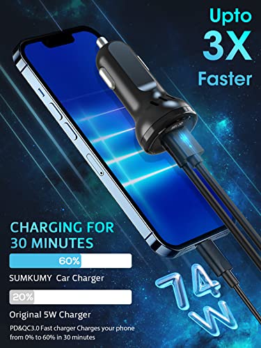 USB C Car Charger,SUMKUMY 74W Fast Car Phone Charger PD&QC3.0 with 6.5ft Cable for Back Seat Charging,4 Multi Ports Cigarette Lighter Adapter for iPhone 13/12/11,Samsung Galaxy S22/21,Google Pixel