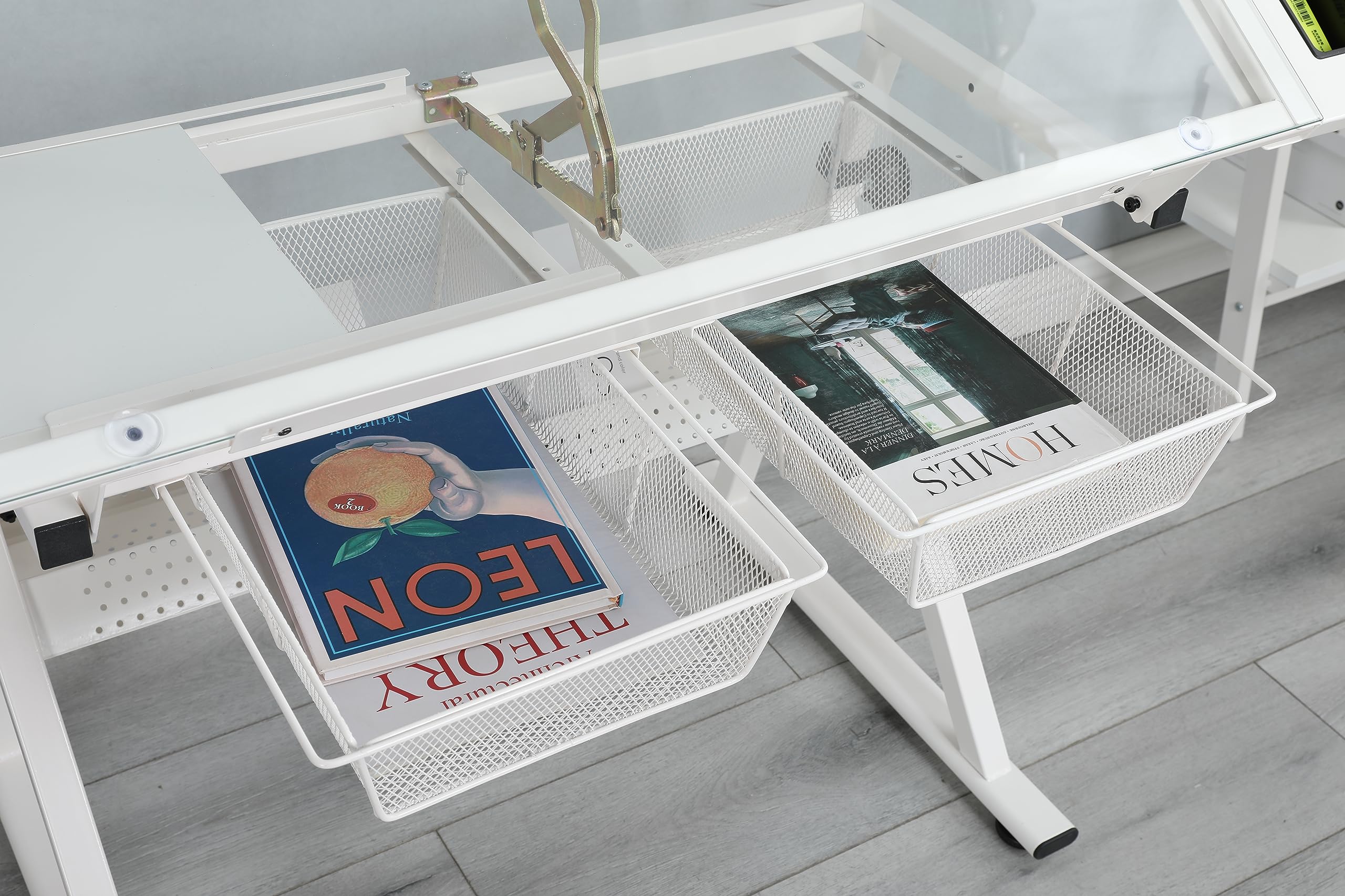 Landpink Glass Drafting Table Art Desk – Adjustable Professhional Artwork Drawing Drafting Table Desk, Glass-Topped Art Table for Craft Station Studio Home Office School w/Drawers/Chair (White)