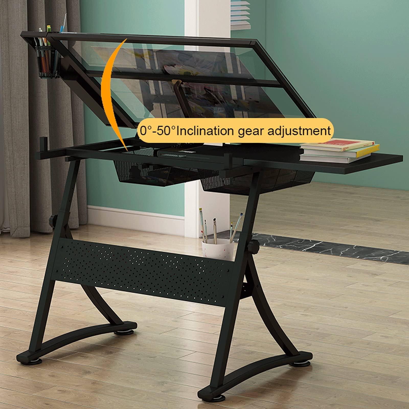 EESHHA Drawing Table Adjustable Glass Drafting Table,Versatile Art Study Table,with Storage Drawers,Art Studio Design Sketching Painting Work Station (Color : Glass) (Glass) (Glass)
