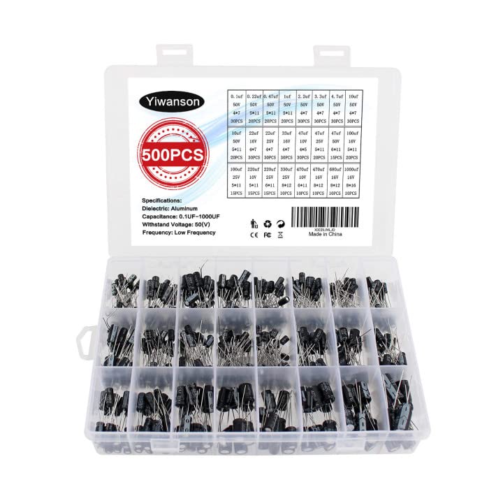 YIWANSON 500 Pcs Capacitor Kit, Aluminum Radial Electrolytic Components, 24 Value Range 0.1uF - 1000uF 10v/16v/25v/50v Capacitors Assortment Kit for Repair TV, LCD Monitor, Radio, Car Audio