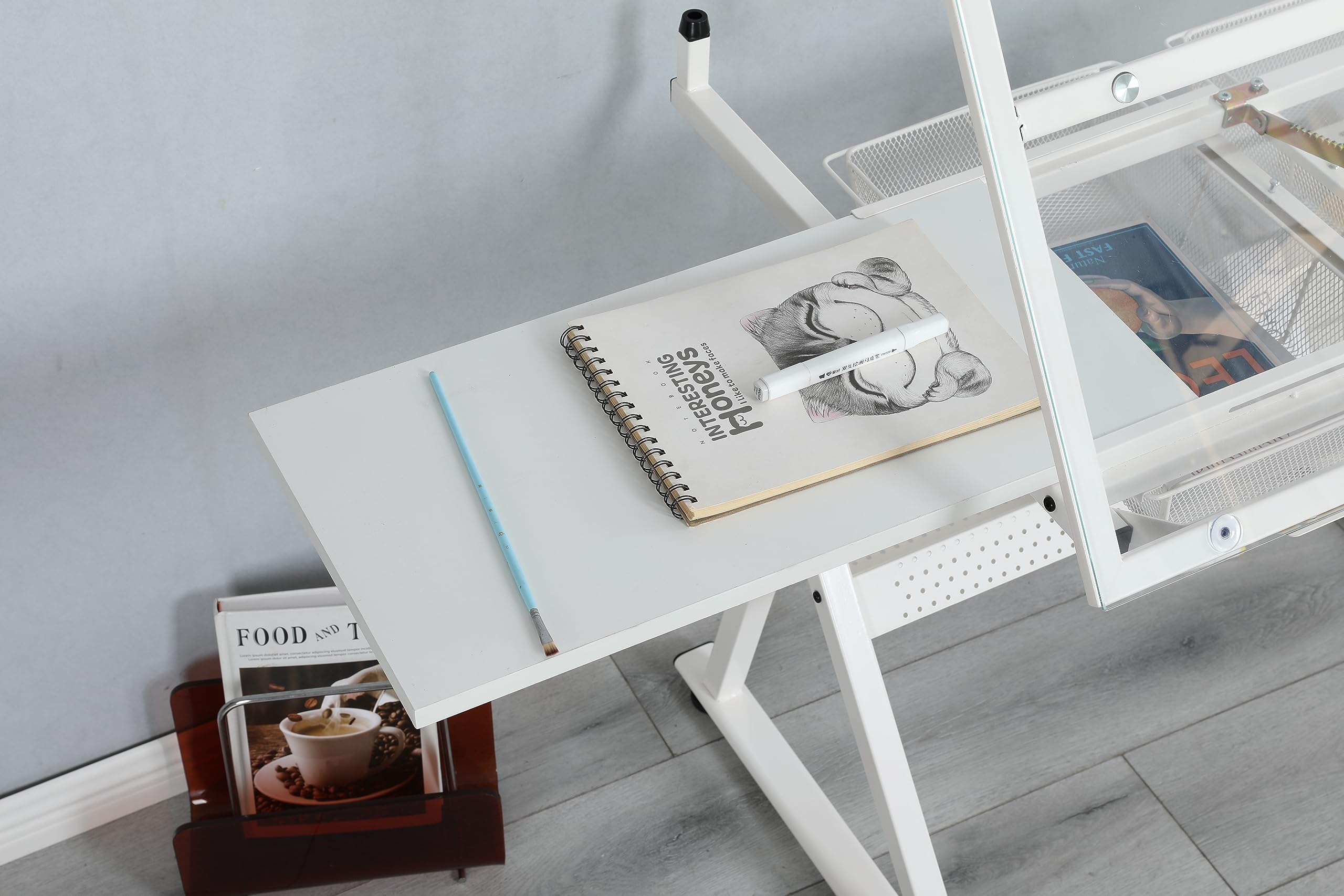 Landpink Glass Drafting Table Art Desk – Adjustable Professhional Artwork Drawing Drafting Table Desk, Glass-Topped Art Table for Craft Station Studio Home Office School w/Drawers/Chair (White)