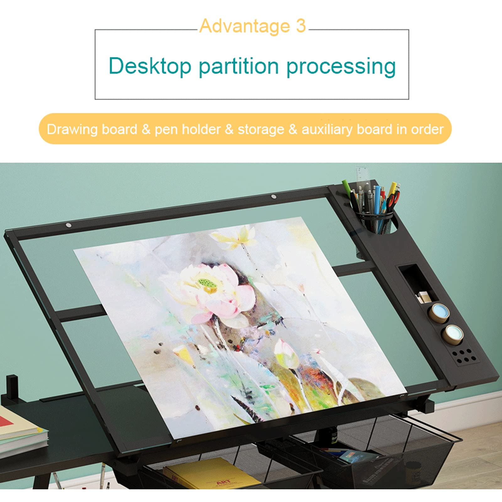 EESHHA Drawing Table Adjustable Glass Drafting Table,Versatile Art Study Table,with Storage Drawers,Art Studio Design Sketching Painting Work Station (Color : Glass) (Glass) (Glass)
