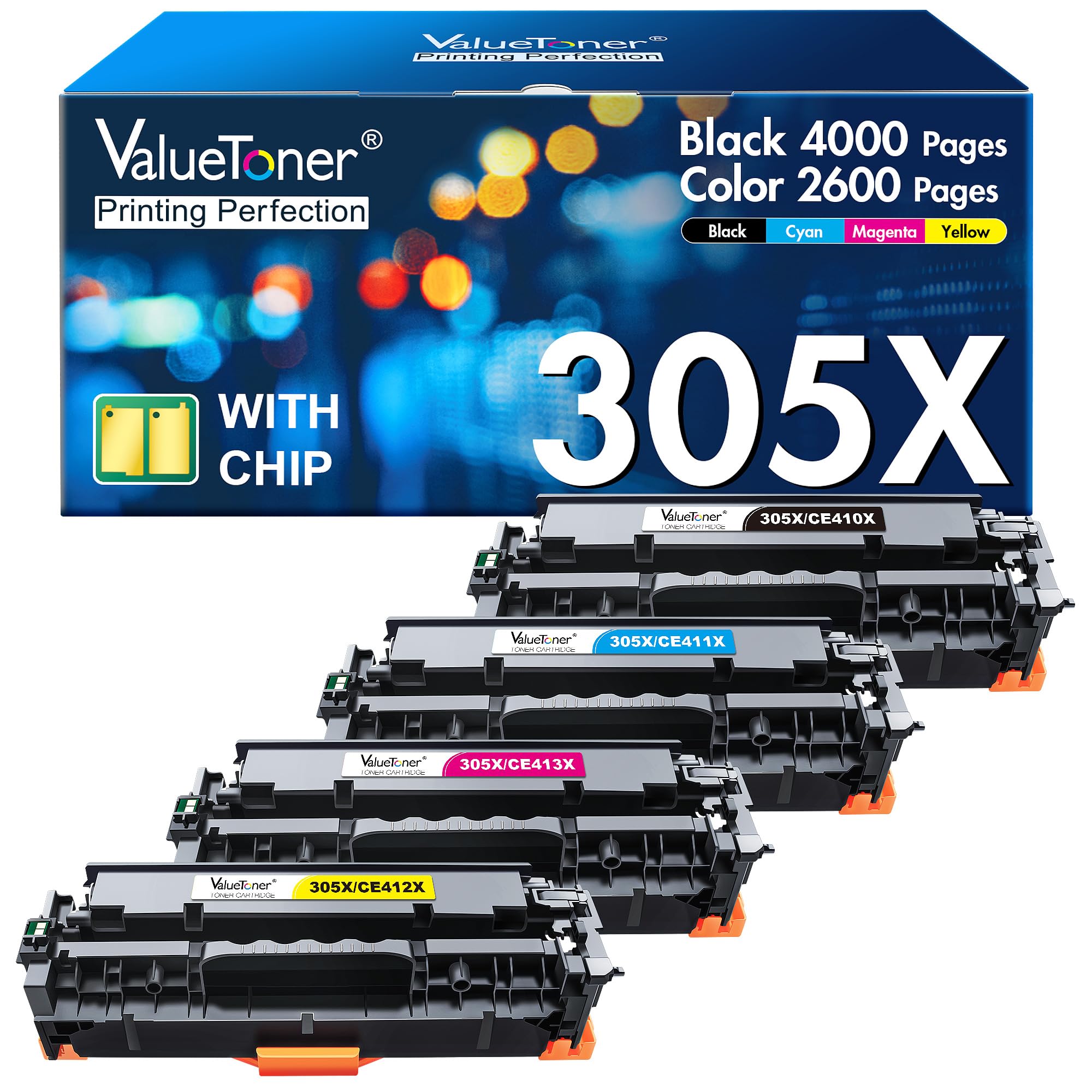 Valuetoner Remanufactured Toner Cartridge Replacement for HP 305A 305X CE410A CE410X CE411A CE412A CE413A for Pro 400 M451dn M451nw M475dn M475dw M451dw M375nw Pro 300 M351A Printer (4-Pack)