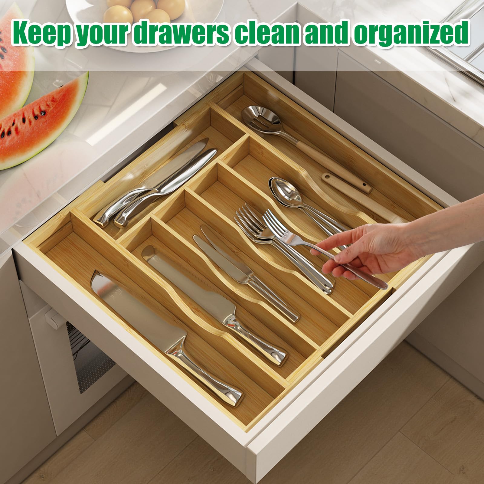 BAMBUROBA Drawer Dividers Silverware Tray Expandable Utensil Cutlery Tray Bamboo Wooden Adjustable 4 Compartments Flatware Organizer Kitchen Storage Holder for Knives Forks Spoons