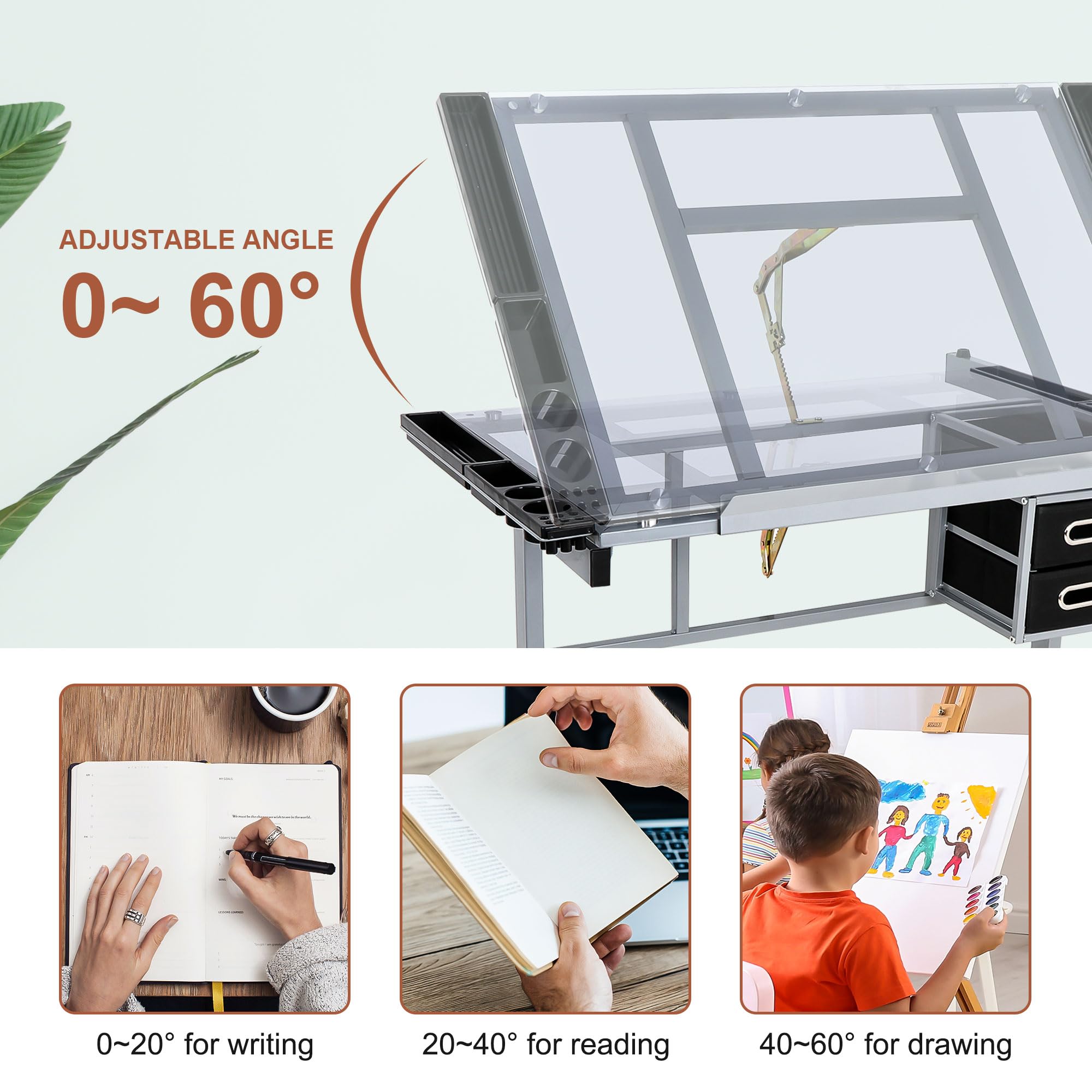 Nova Microdermabrasion Glass Top Drafting Table with Storage, Adjustable Drawing Desk Rolling Art Craft Station Writing Work Table with Drawers & Wheels