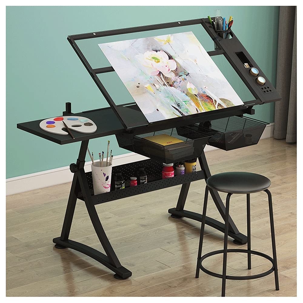 EESHHA Drawing Table Adjustable Glass Drafting Table,Versatile Art Study Table,with Storage Drawers,Art Studio Design Sketching Painting Work Station (Color : Glass) (Glass) (Glass)