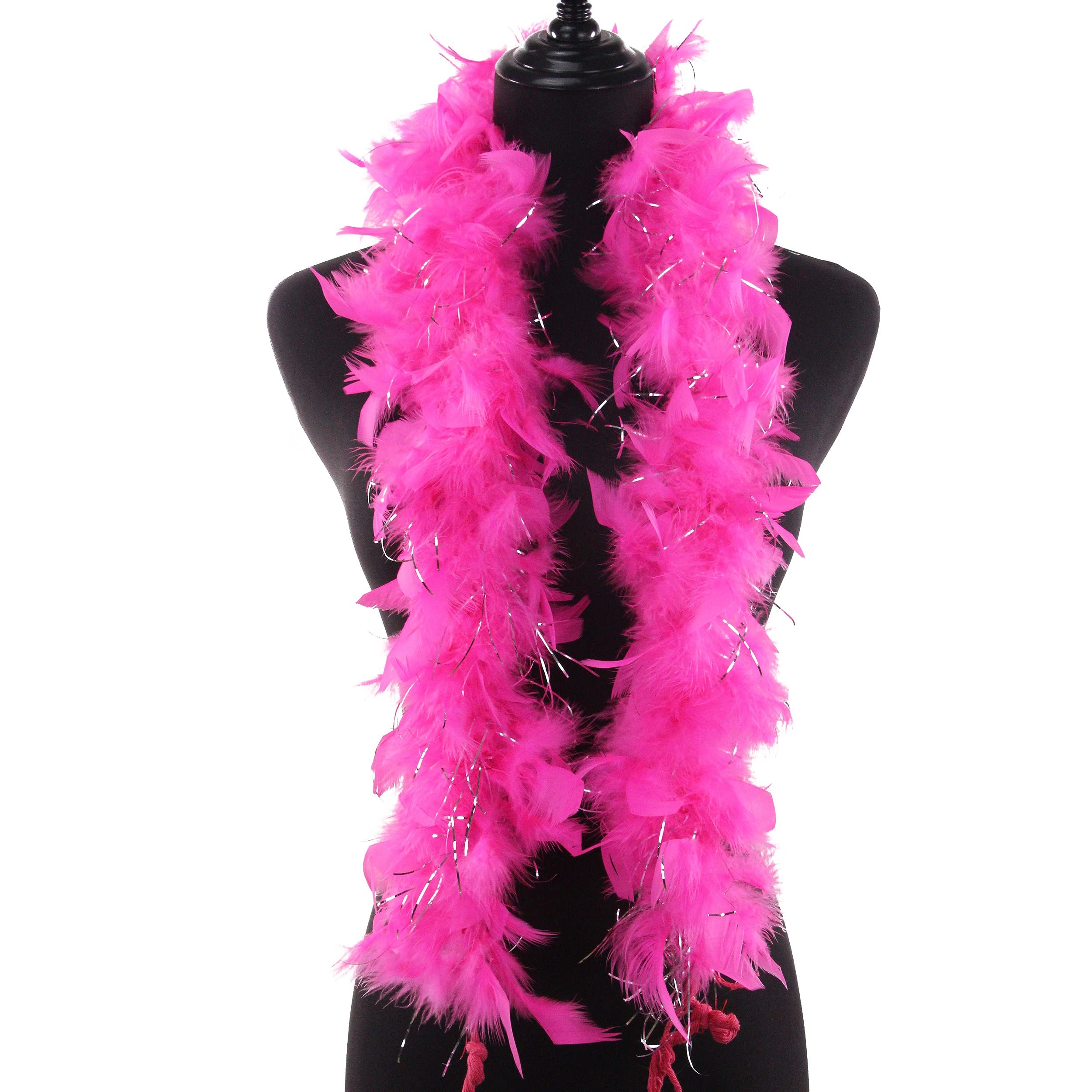 25 Gram, 4 Feet Long Chandelle Feather Boa, Great for Party, Wedding, Halloween Costume, Christmas Tree, Decoration (Candy Pink w/silver lurex)