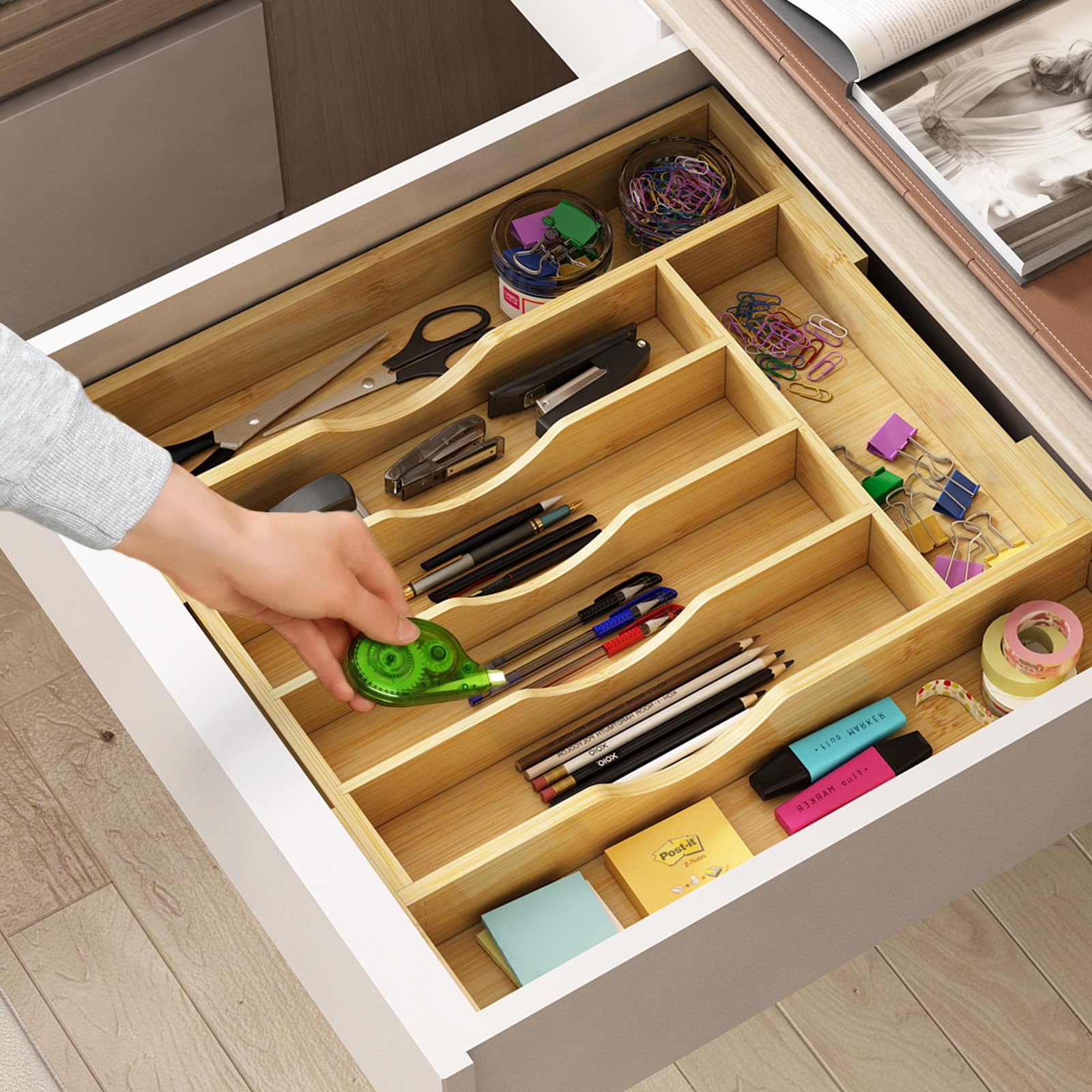 BAMBUROBA Drawer Dividers Silverware Tray Expandable Utensil Cutlery Tray Bamboo Wooden Adjustable 4 Compartments Flatware Organizer Kitchen Storage Holder for Knives Forks Spoons