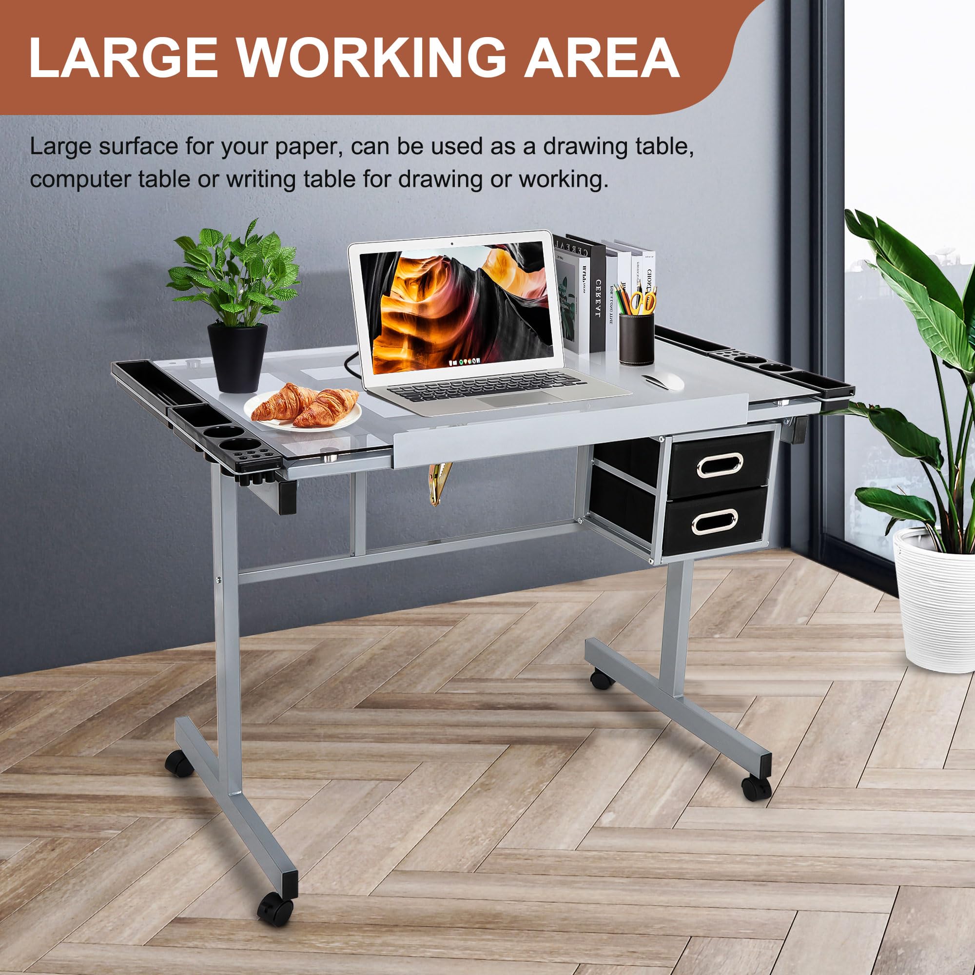 Nova Microdermabrasion Glass Top Drafting Table with Storage, Adjustable Drawing Desk Rolling Art Craft Station Writing Work Table with Drawers & Wheels