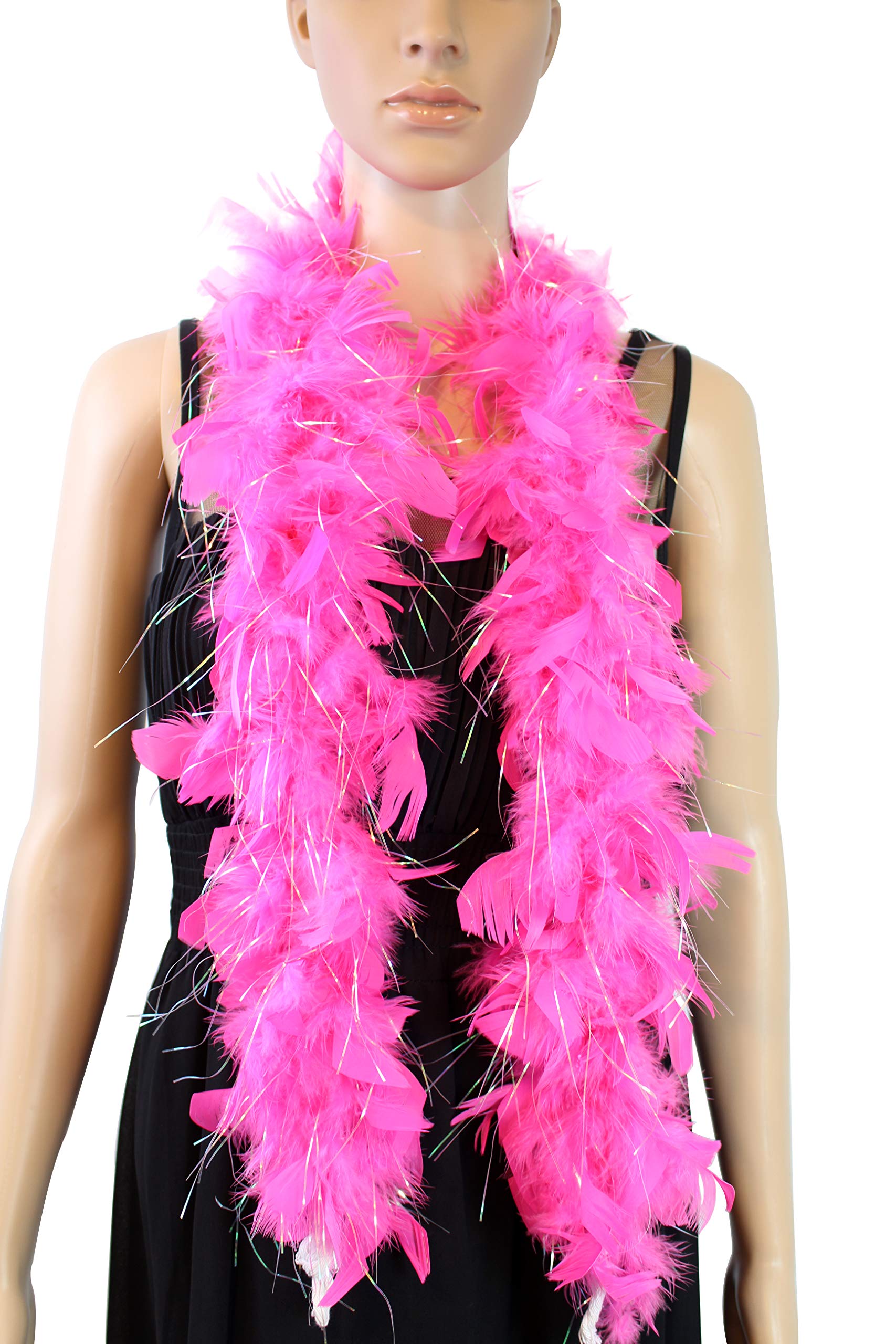 25 Gram, 4 Feet Long Chandelle Feather Boa, Great for Party, Wedding, Halloween Costume, Christmas Tree, Decoration (Candy Pink w/silver lurex)