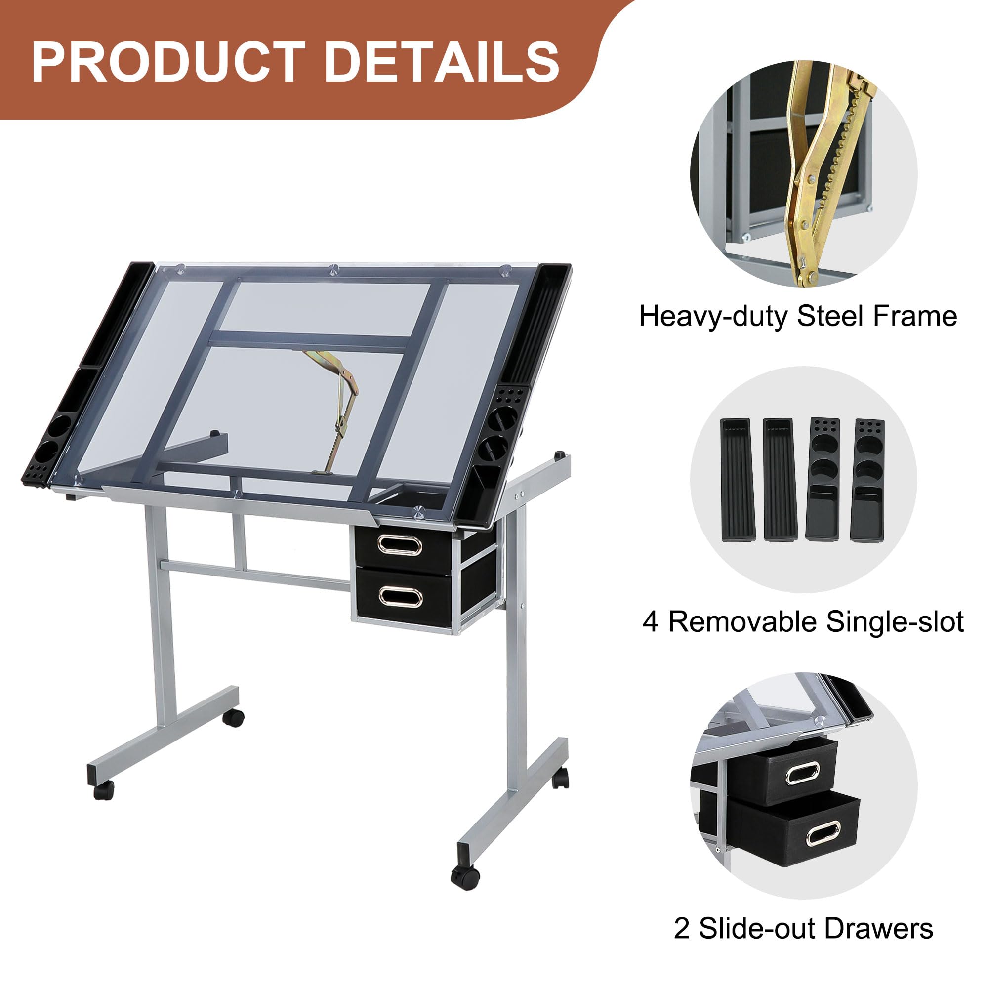 Nova Microdermabrasion Glass Top Drafting Table with Storage, Adjustable Drawing Desk Rolling Art Craft Station Writing Work Table with Drawers & Wheels