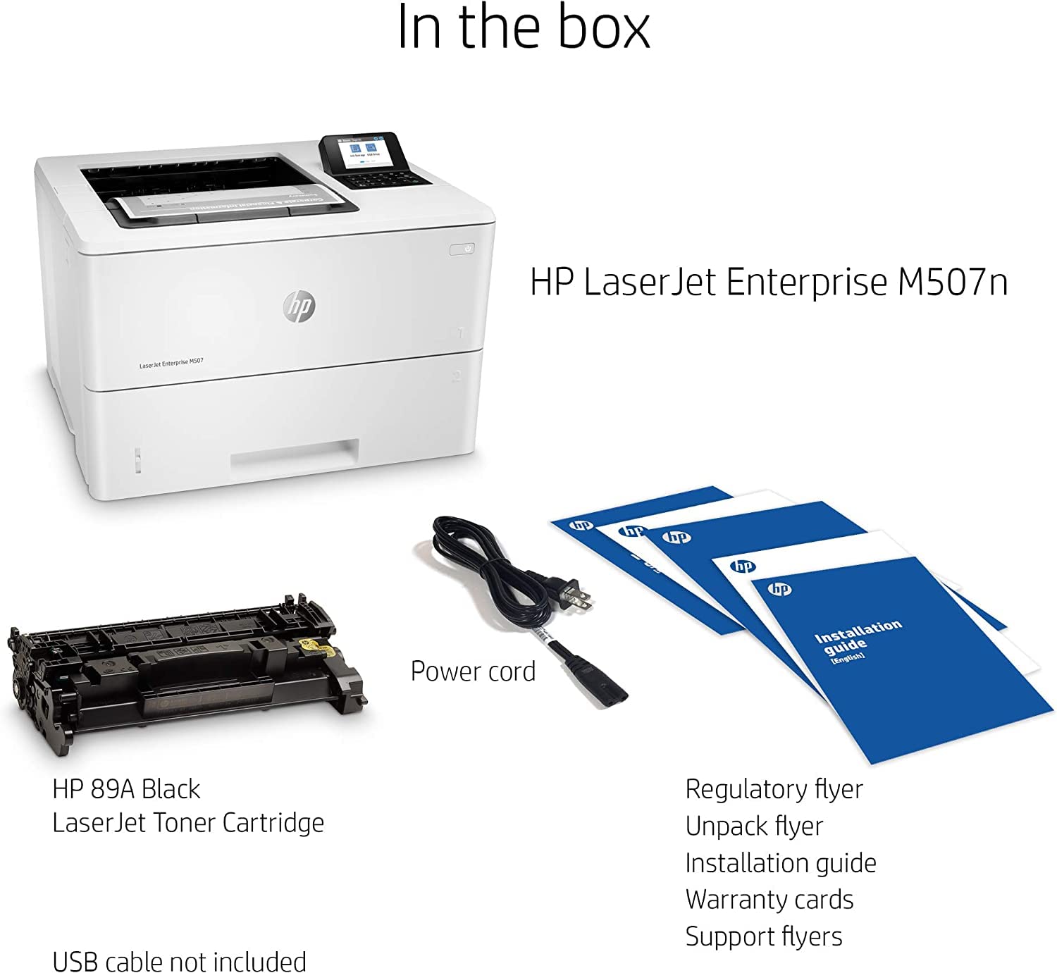 HP Laserjet Enterprise M507n Single-Function Wired Monochrome Laser Printer - Black/White Print Only - 2.7" LCD, 45 ppm, 1200 x 1200 dpi, Manual Duplex Printing, USB and Ethernet, Cbmou Printer Cable