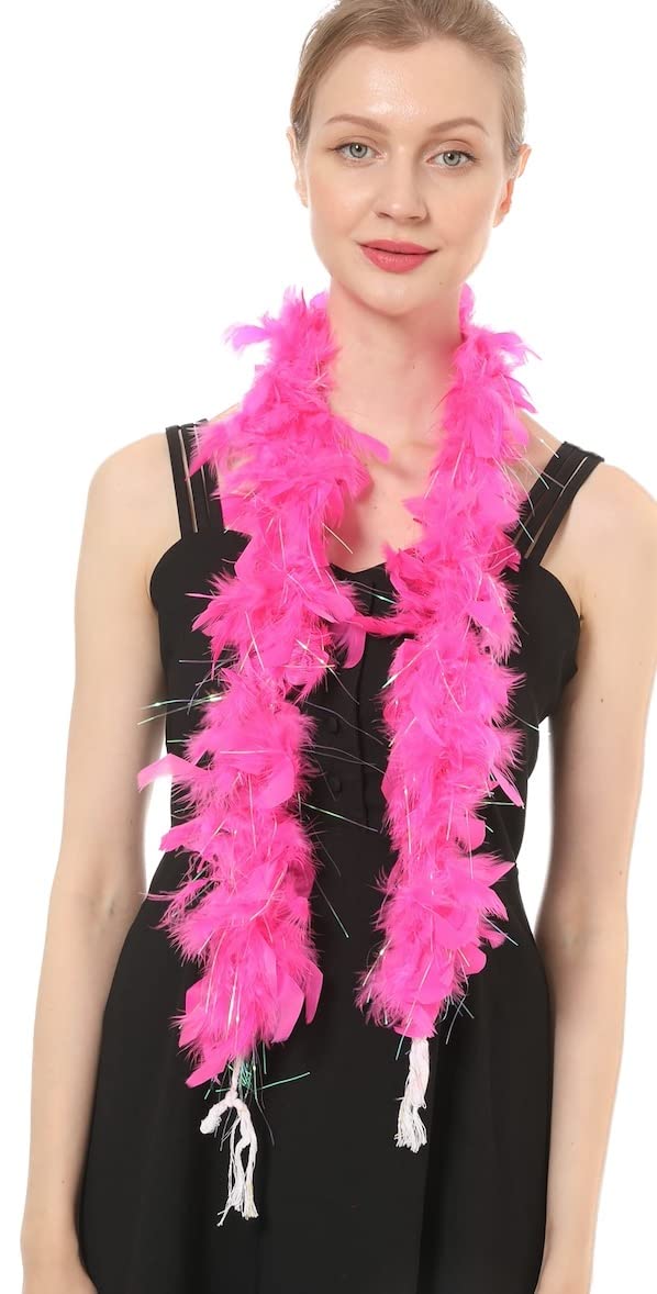 25 Gram, 4 Feet Long Chandelle Feather Boa, Great for Party, Wedding, Halloween Costume, Christmas Tree, Decoration (Candy Pink w/silver lurex)