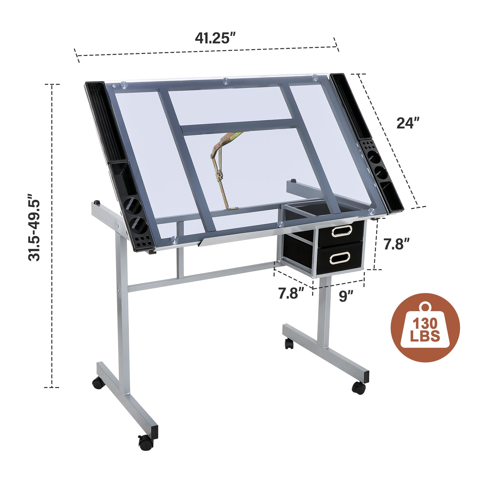 Nova Microdermabrasion Glass Top Drafting Table with Storage, Adjustable Drawing Desk Rolling Art Craft Station Writing Work Table with Drawers & Wheels