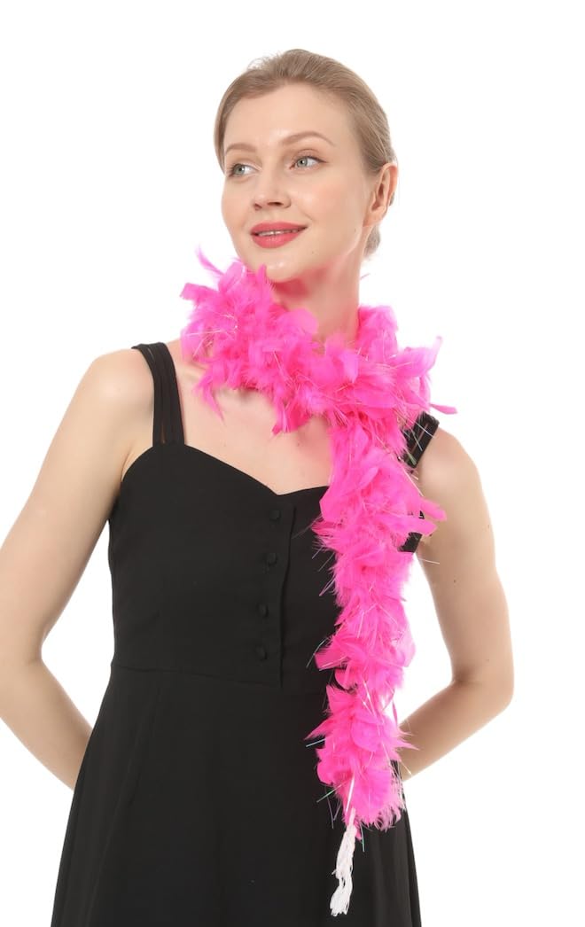 25 Gram, 4 Feet Long Chandelle Feather Boa, Great for Party, Wedding, Halloween Costume, Christmas Tree, Decoration (Candy Pink w/silver lurex)