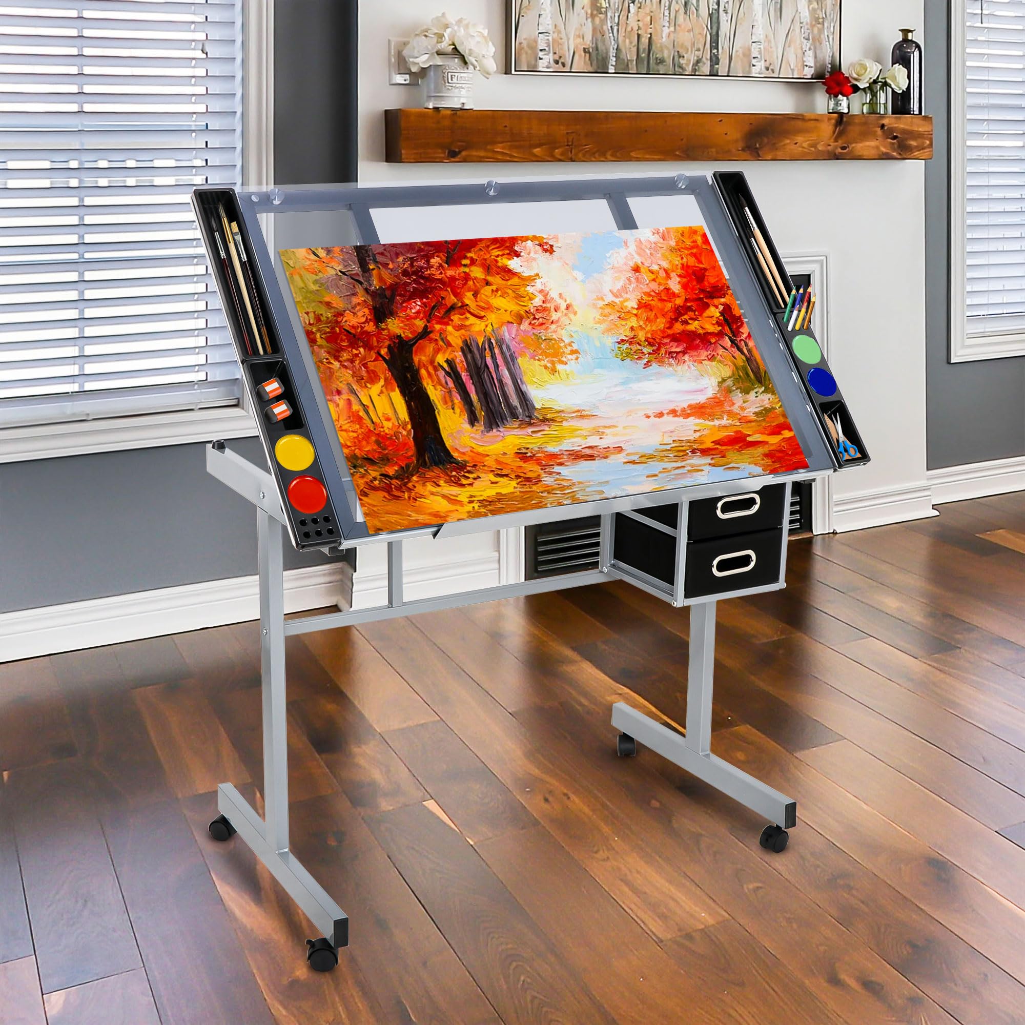 Nova Microdermabrasion Glass Top Drafting Table with Storage, Adjustable Drawing Desk Rolling Art Craft Station Writing Work Table with Drawers & Wheels