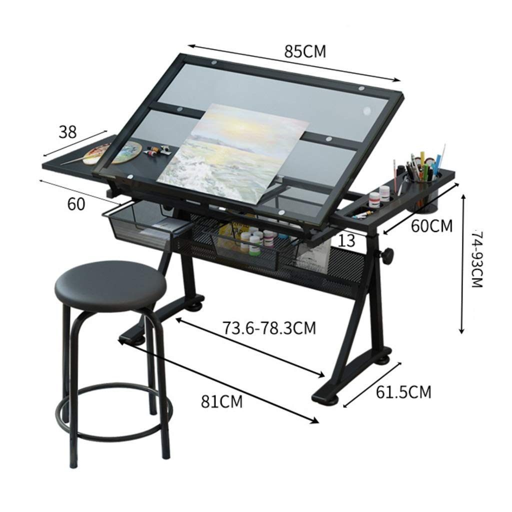 EESHHA Drawing Table Tiltable Drawing Table, Adjustable Art Desk, with Storage Craft Table, Drafting Table Glass Panel,Adult Drawing Desk Beautiful Scenery
