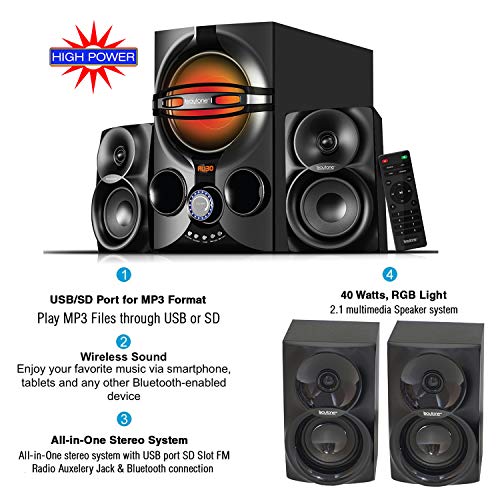 Boytone BT-424FN, 2.1 Multimedia Bluetooth Speaker System Powerful Shelf Stereo Wired Systems, FM, SD Slot, USB Port, MP3 Format, 40 Watts, Reactive LED Light, Remote Control, for Smartphone, Tablet