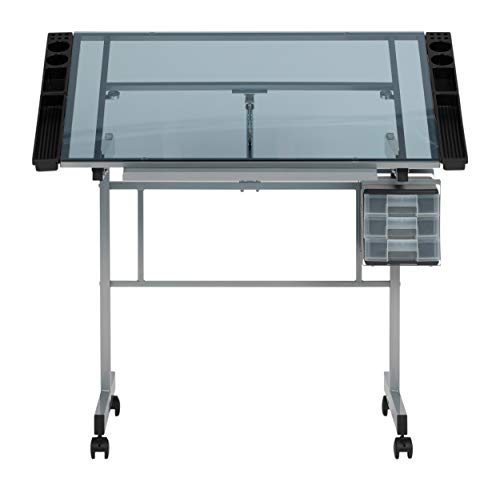 Studio Designs Vision Craft and Drawing Station - 35.5" W by 23.75" D Silver-Blue Glass Top Drafting Table with Pencil Drawers, Side Trays, & Built-In Pencil Ledge - Angle Adjustable Work Surface