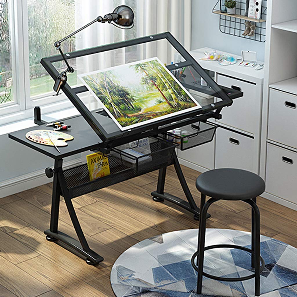 EESHHA Drawing Table Tiltable Drawing Table, Adjustable Art Desk, with Storage Craft Table, Drafting Table Glass Panel,Adult Drawing Desk Beautiful Scenery