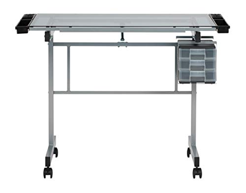 Studio Designs Vision Craft and Drawing Station - 35.5" W by 23.75" D Silver-Blue Glass Top Drafting Table with Pencil Drawers, Side Trays, & Built-In Pencil Ledge - Angle Adjustable Work Surface