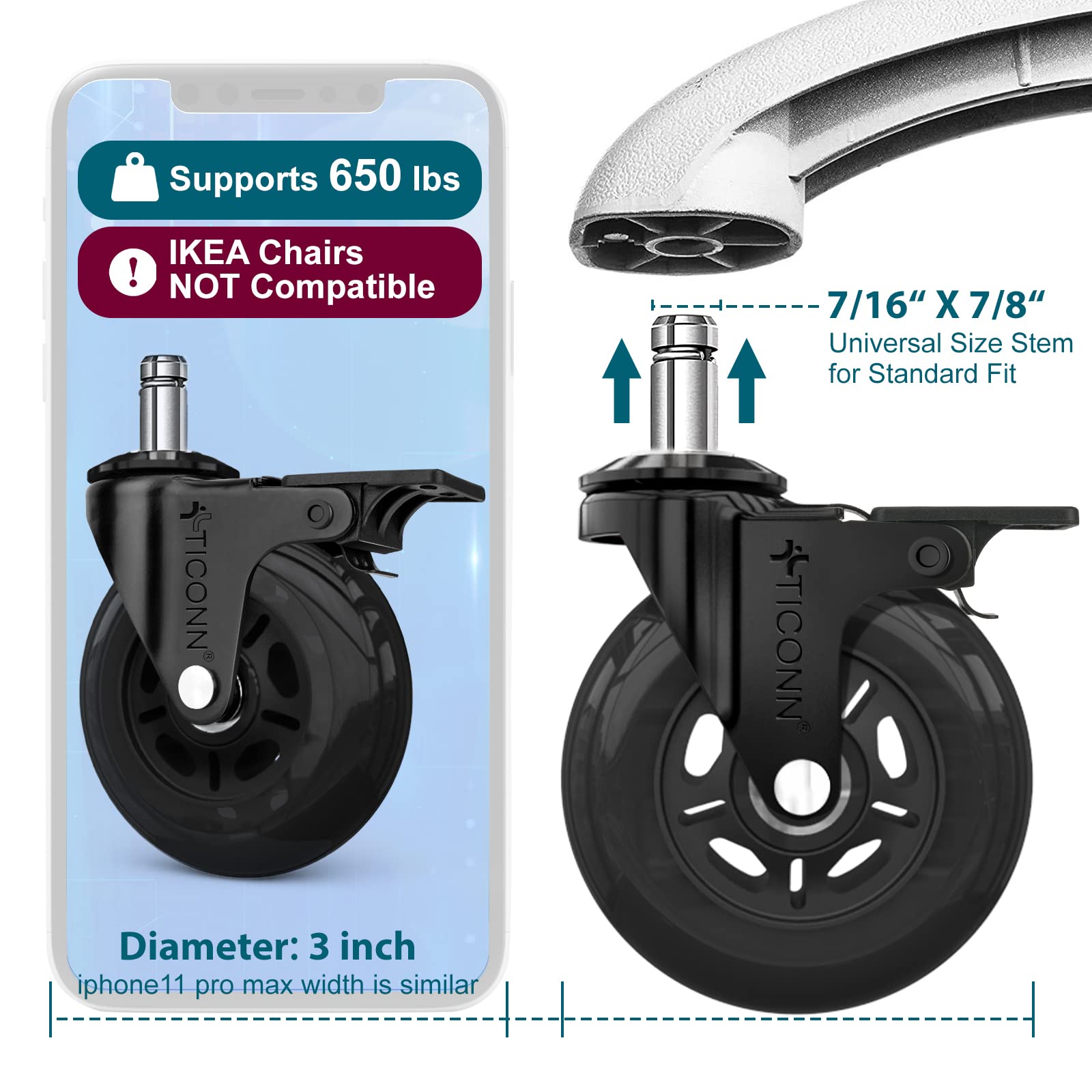TICONN Office Chair Caster Wheels Set of with Brake 5 for Tile, Hardwood Floors and Carpets, Universal Fit for Most Chairs (Black with Brake)