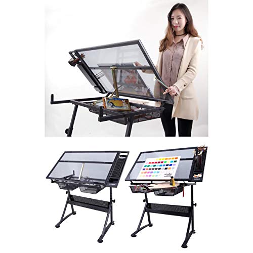 VejiA Drafting Table with Storage, Height Adjustable Tiltable Art Desk, Glass Panel Drawing Desk, for Work Study Painting Craft Table