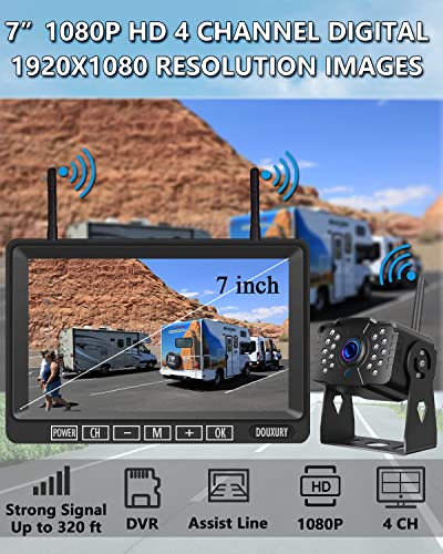 RV Wireless Backup Camera, DOUXURY IP69 Waterproof 170° Wide View Angle HD 1080P Backup Camera + HD LCD 7" Monitor, Digital Wireless Backup Camera System for Truck 5th Wheel Trailer Pickup Camper Bus