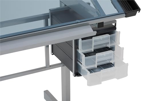 Studio Designs Vision Craft and Drawing Station - 35.5" W by 23.75" D Silver-Blue Glass Top Drafting Table with Pencil Drawers, Side Trays, & Built-In Pencil Ledge - Angle Adjustable Work Surface