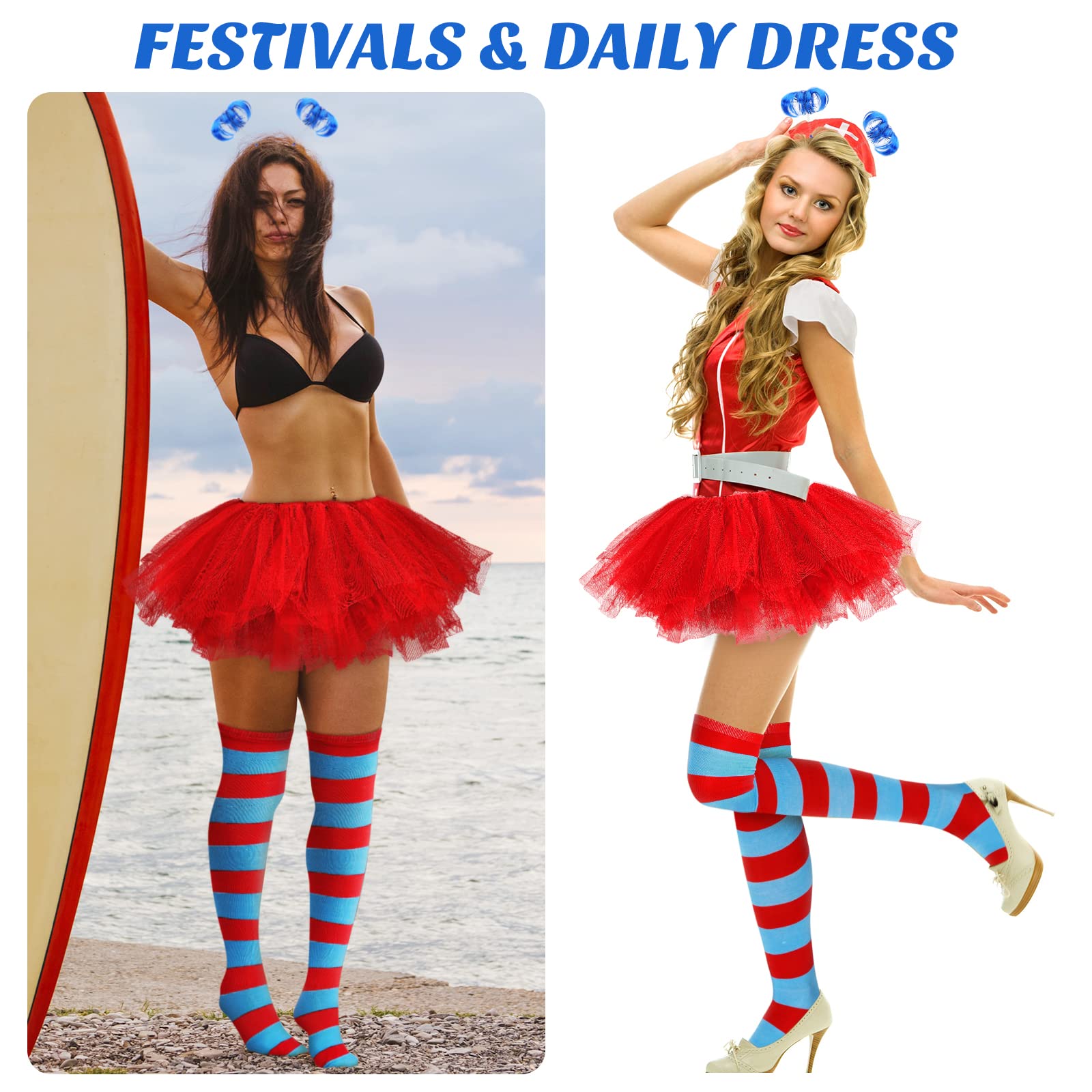 Tulle Tutu Costume Set Tulle Tutus Skirts Blue Headband Ponytails Long Knee Thigh High Striped Socks for Halloween(Fresh Color,S)