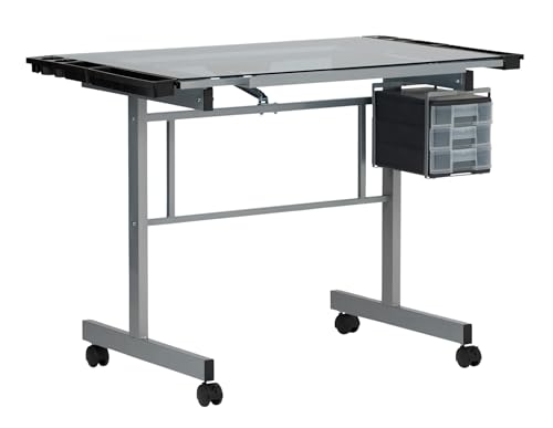 Studio Designs Vision Craft and Drawing Station - 35.5" W by 23.75" D Silver-Blue Glass Top Drafting Table with Pencil Drawers, Side Trays, & Built-In Pencil Ledge - Angle Adjustable Work Surface