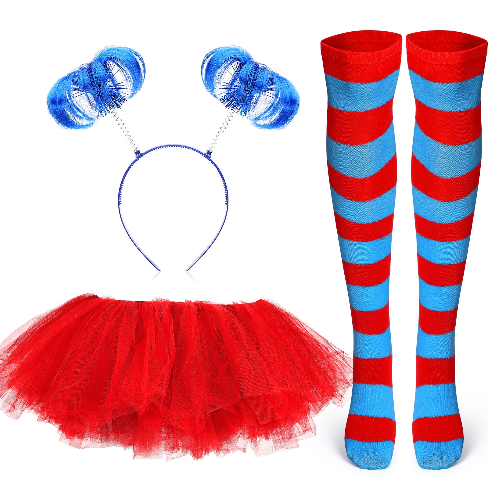 Tulle Tutu Costume Set Tulle Tutus Skirts Blue Headband Ponytails Long Knee Thigh High Striped Socks for Halloween(Fresh Color,S)