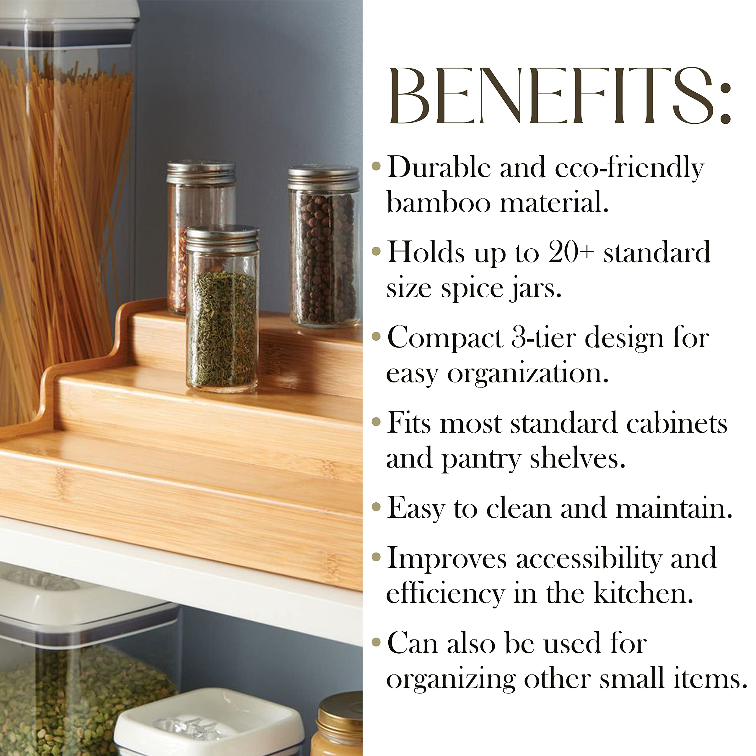Bellemain 3-Tier Spice Rack | Bamboo Spice Rack Organizer for Cabinet, Spice Shelf Riser, Seasoning Organizer | Can Rack, Canned Food Organizer for Pantry | Medicine Storage, Cupboard Organizer