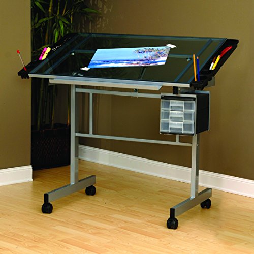 Studio Designs Vision Craft and Drawing Station - 35.5" W by 23.75" D Silver-Blue Glass Top Drafting Table with Pencil Drawers, Side Trays, & Built-In Pencil Ledge - Angle Adjustable Work Surface