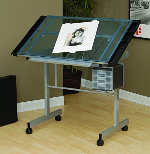 Studio Designs Vision Craft and Drawing Station - 35.5" W by 23.75" D Silver-Blue Glass Top Drafting Table with Pencil Drawers, Side Trays, & Built-In Pencil Ledge - Angle Adjustable Work Surface