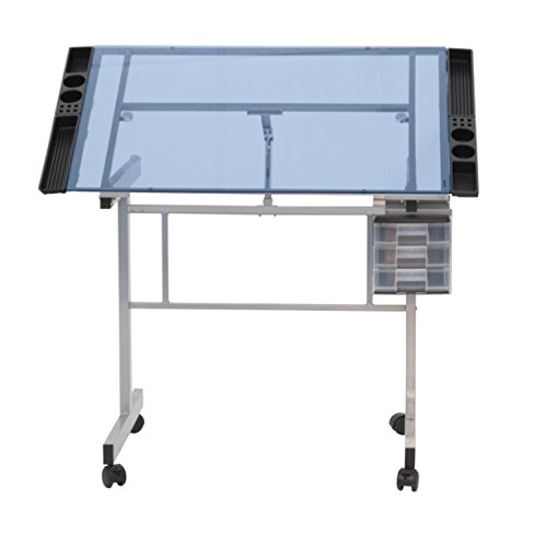 Studio Designs Vision Craft and Drawing Station - 35.5" W by 23.75" D Silver-Blue Glass Top Drafting Table with Pencil Drawers, Side Trays, & Built-In Pencil Ledge - Angle Adjustable Work Surface