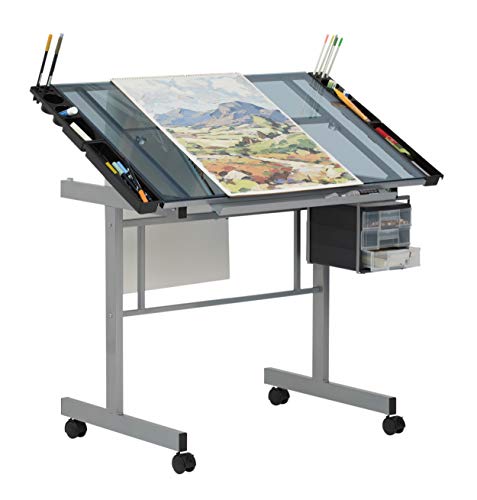 Studio Designs Vision Craft and Drawing Station - 35.5" W by 23.75" D Silver-Blue Glass Top Drafting Table with Pencil Drawers, Side Trays, & Built-In Pencil Ledge - Angle Adjustable Work Surface