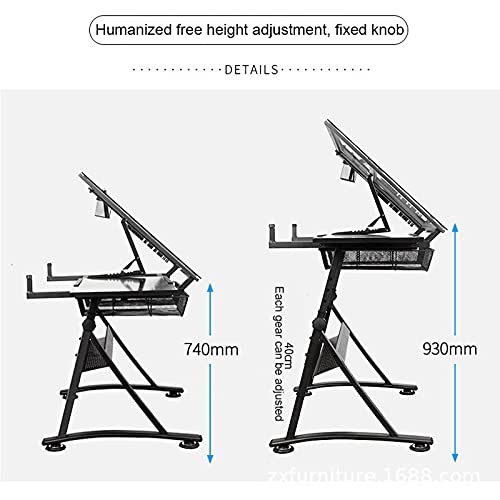 ROLTIN Drafting Tables Height Adjustable Drawing Art Table,Artists Desk Tilting Glass Tabletop Paintings Work Station with Storage Drawer,Writing Art Craft Work Station (