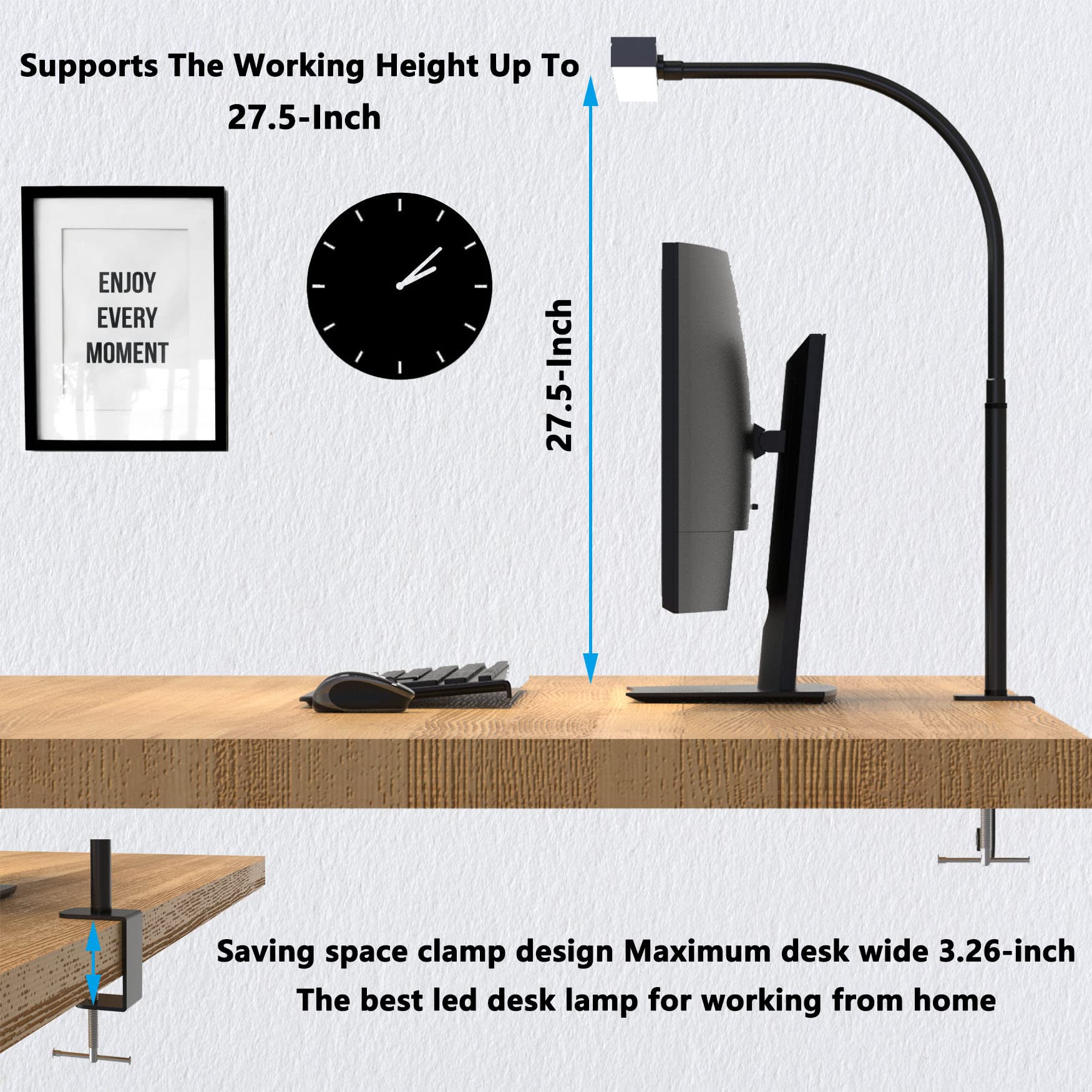 QIYISS LED Desk Lamp, Clamp Lamp with Flexible Gooseneck 360°Rotate,12W LED 3 Modes 5 Brightness, Timer,15.75" Wide Office Eye Protection Light 1100LM Large Bright Desk Lights with Stepless Dimming