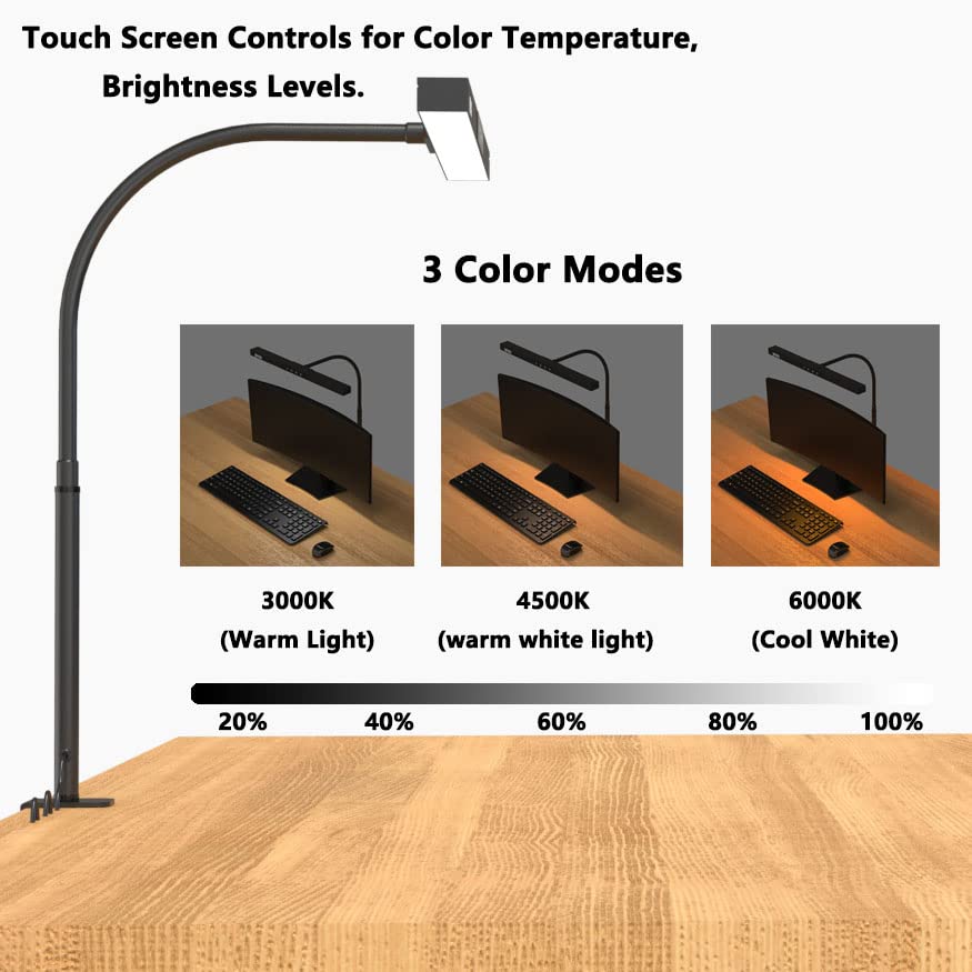 QIYISS LED Desk Lamp, Clamp Lamp with Flexible Gooseneck 360°Rotate,12W LED 3 Modes 5 Brightness, Timer,15.75" Wide Office Eye Protection Light 1100LM Large Bright Desk Lights with Stepless Dimming