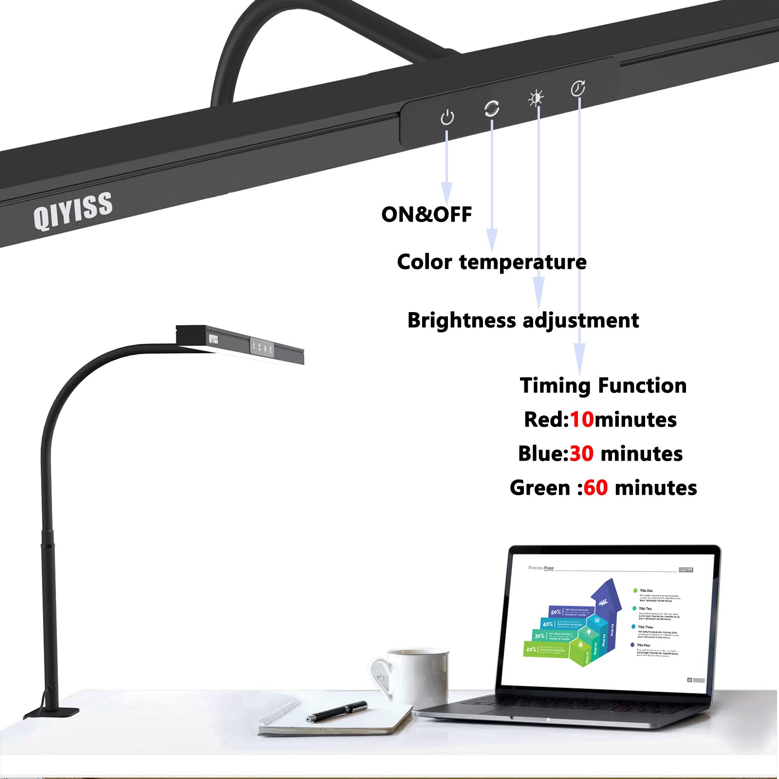 QIYISS LED Desk Lamp, Clamp Lamp with Flexible Gooseneck 360°Rotate,12W LED 3 Modes 5 Brightness, Timer,15.75" Wide Office Eye Protection Light 1100LM Large Bright Desk Lights with Stepless Dimming