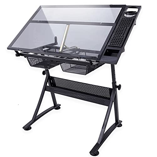 ROLTIN Drafting Tables Height Adjustable Drawing Art Table,Artists Desk Tilting Glass Tabletop Paintings Work Station with Storage Drawer,Writing Art Craft Work Station (