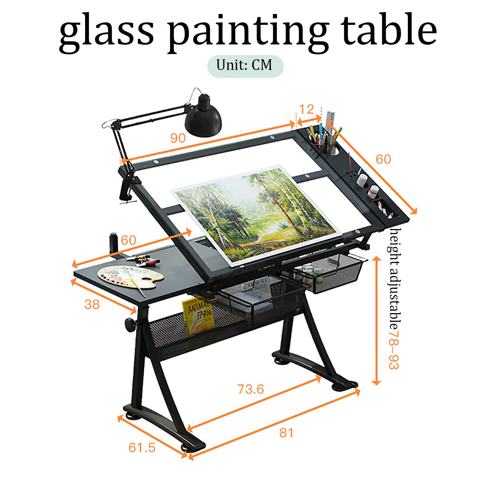 Drawing Table Drafting Desk, Glass Drafting Table Art Desk, Height Adjustable Drawing Desk Art/Craft Desk Paintings Work Station W/ 2 Storage Drawers and Stool for Craft Station Studio Home Office Sch