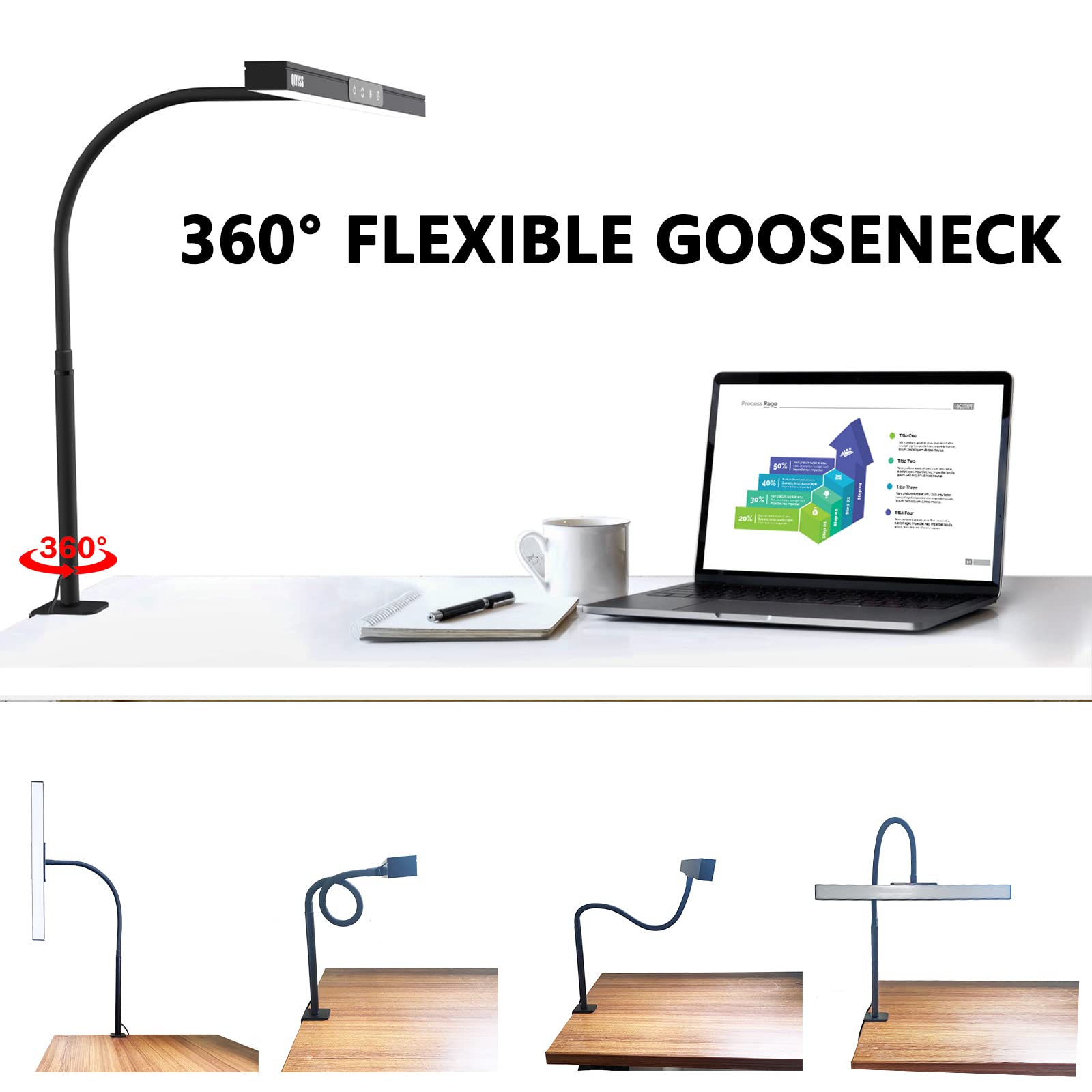 QIYISS LED Desk Lamp, Clamp Lamp with Flexible Gooseneck 360°Rotate,12W LED 3 Modes 5 Brightness, Timer,15.75" Wide Office Eye Protection Light 1100LM Large Bright Desk Lights with Stepless Dimming