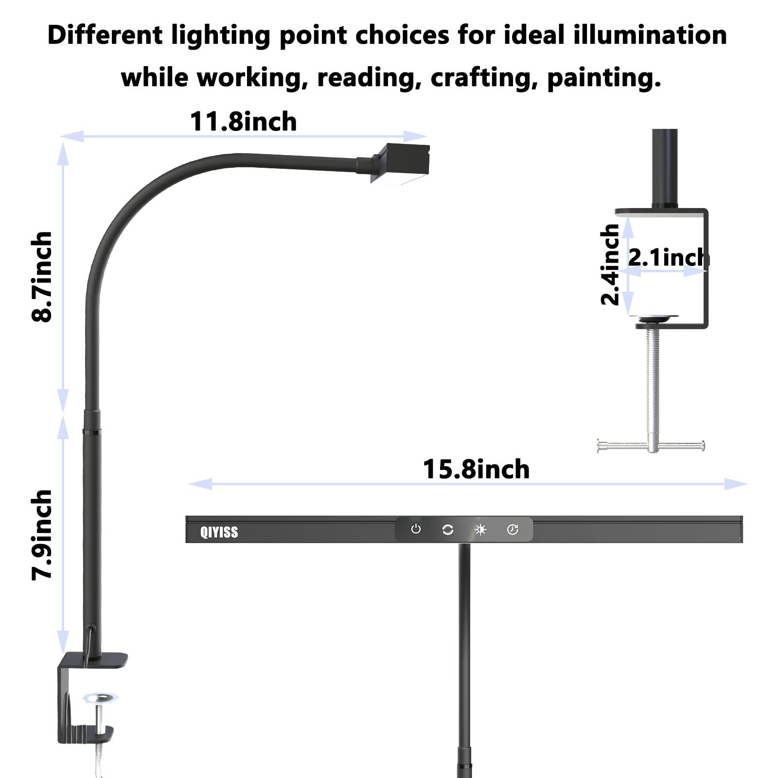 QIYISS LED Desk Lamp, Clamp Lamp with Flexible Gooseneck 360°Rotate,12W LED 3 Modes 5 Brightness, Timer,15.75" Wide Office Eye Protection Light 1100LM Large Bright Desk Lights with Stepless Dimming