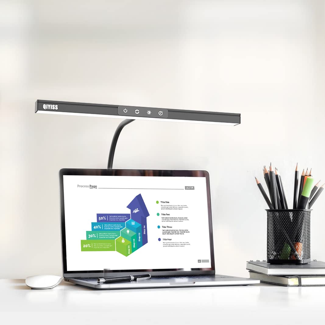 QIYISS LED Desk Lamp, Clamp Lamp with Flexible Gooseneck 360°Rotate,12W LED 3 Modes 5 Brightness, Timer,15.75" Wide Office Eye Protection Light 1100LM Large Bright Desk Lights with Stepless Dimming